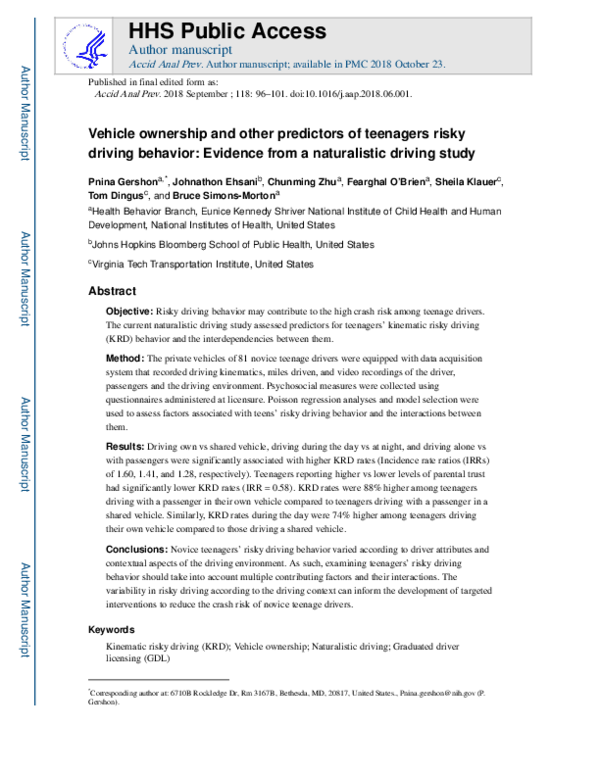 (PDF) Vehicle ownership and other predictors of teenagers risky driving behavior: Evidence from ...
