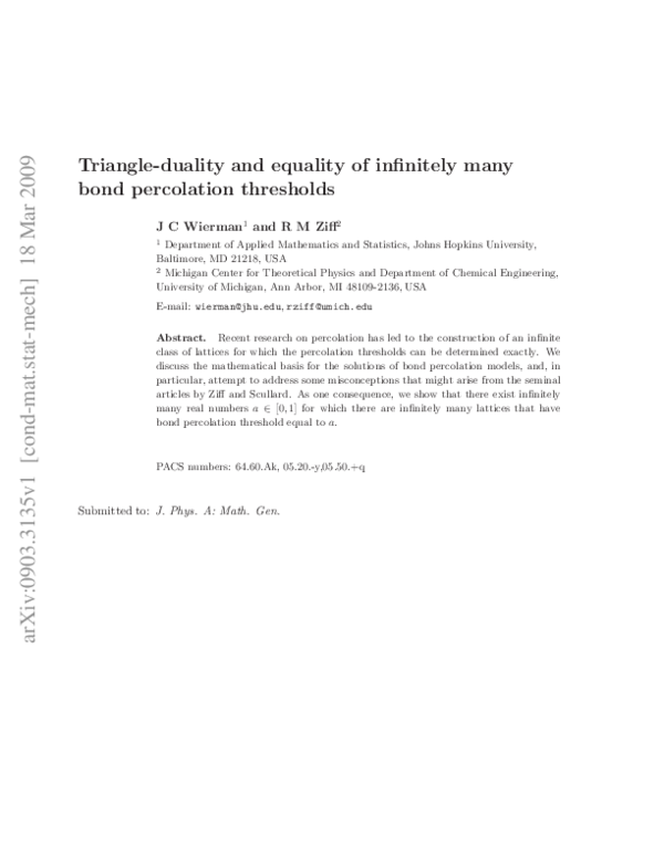 (PDF) Triangle-duality and equality of infinitely many bond percolation ...