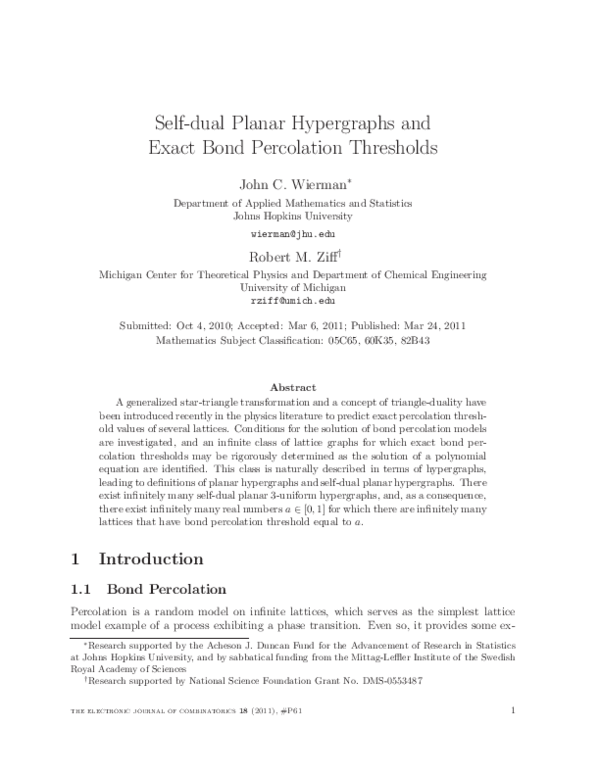 (PDF) Self-dual Planar Hypergraphs and Exact Bond Percolation Thresholds