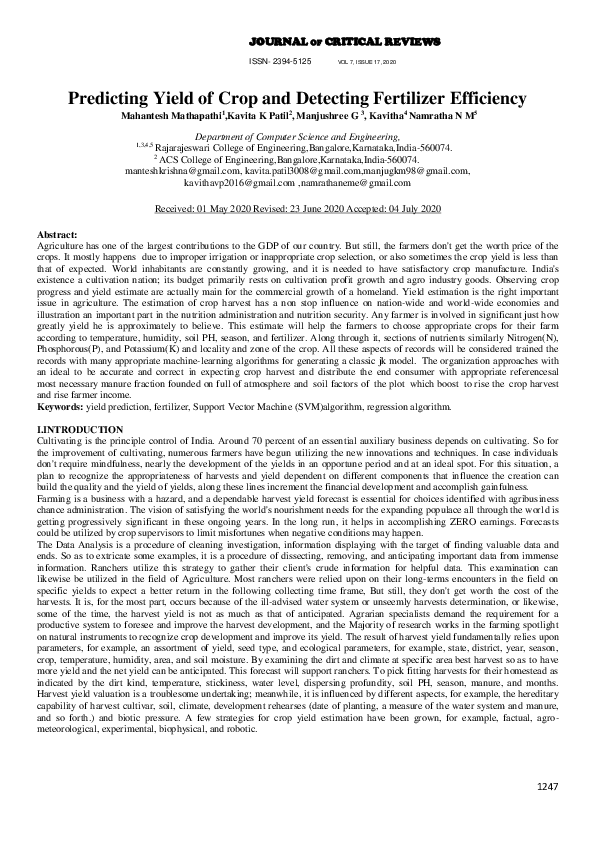 (PDF) Predicting Yield of Crop and Detecting Fertilizer Efficiency