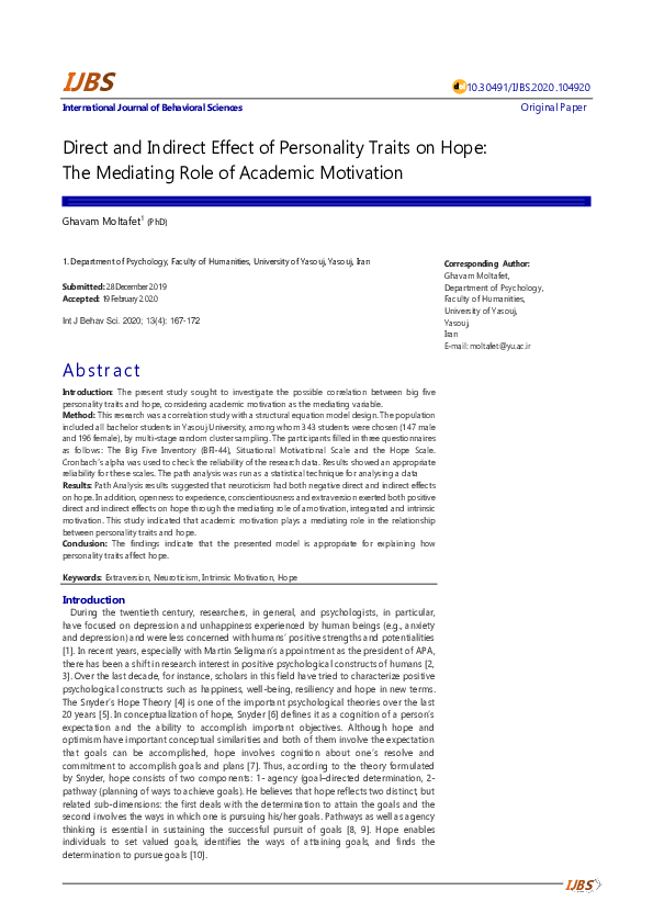(PDF) Direct and Indirect Effect of Personality Traits on Hope: The ...