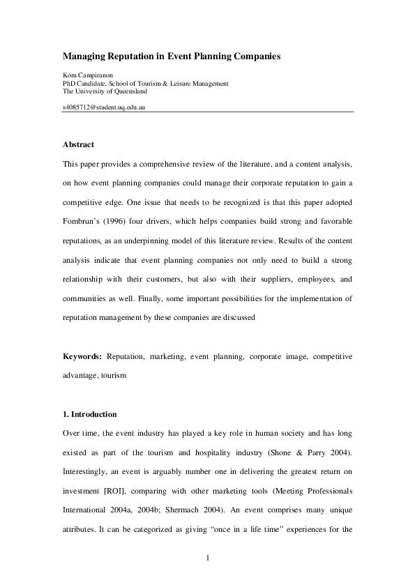 (PDF) Managing Reputation in Event Planning Companies