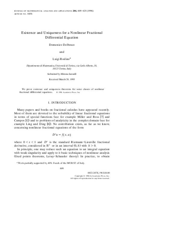 Pdf Existence And Uniqueness For A Nonlinear Fractional Integro Differential Equation Via