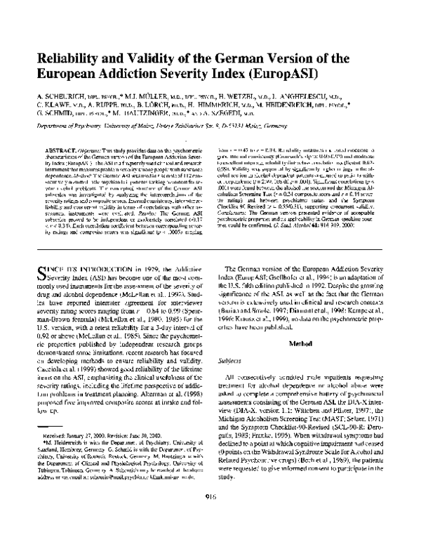 (PDF) Reliability and validity of the German version of the European ...