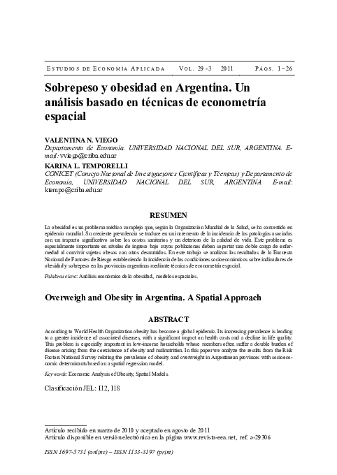 (PDF) Sobrepeso y obesidad en Argentina. Un análisis basado en técnicas de econometría espacial