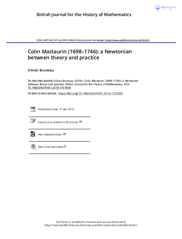 (PDF) Colin Maclaurin (1698–1746): a Newtonian between theory and practice
