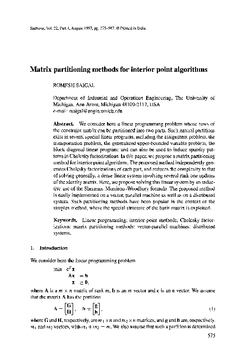 (PDF) Matrix partitioning methods for interior point algorithms