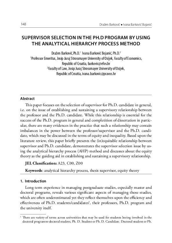 (PDF) Supervisor selection in the Ph.D program by using the analytical hierarchy process method