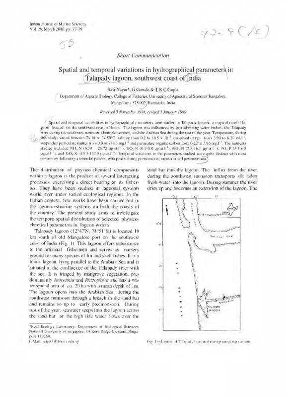 (PDF) Spatial and temporal variations in hydrrographical parameters in Talapady lagoon ...