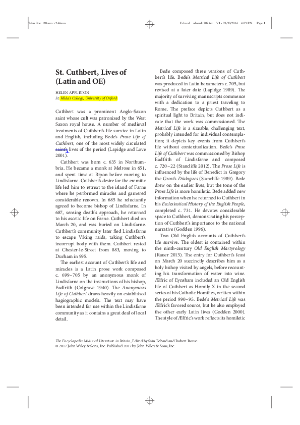(PDF) St. Cuthbert, Lives of (Latin and OE)