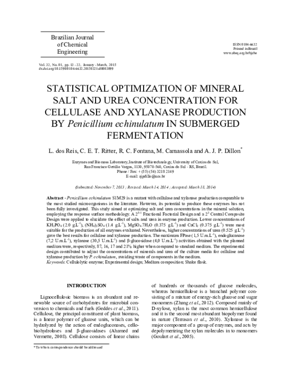 (PDF) STATISTICAL OPTIMIZATION OF MINERAL SALT AND UREA CONCENTRATION FOR CELLULASE AND XYLANASE ...