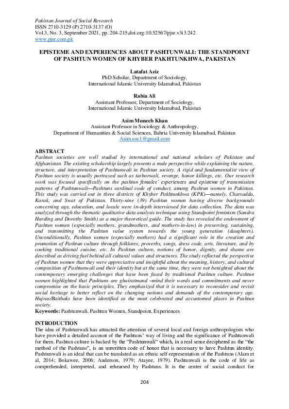 (PDF) Episteme and Experiences About Pashtunwali: The Standpoint of ...