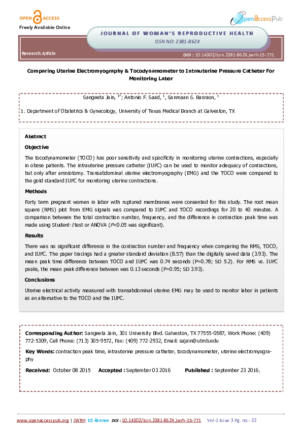 (PDF) Comparing Uterine Electromyography & Tocodynamometer To ...