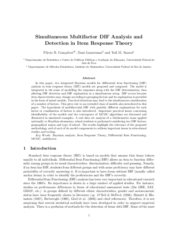 Pdf Simultaneous Multifactor Dif Analysis And Detection In Item Response Theory