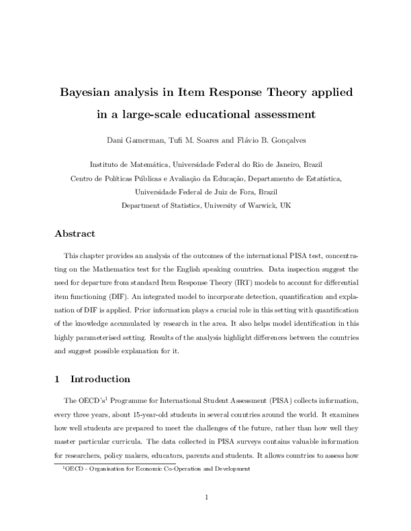 (PDF) Bayesian analysis in item response theory applied to a large-scale educational assessment