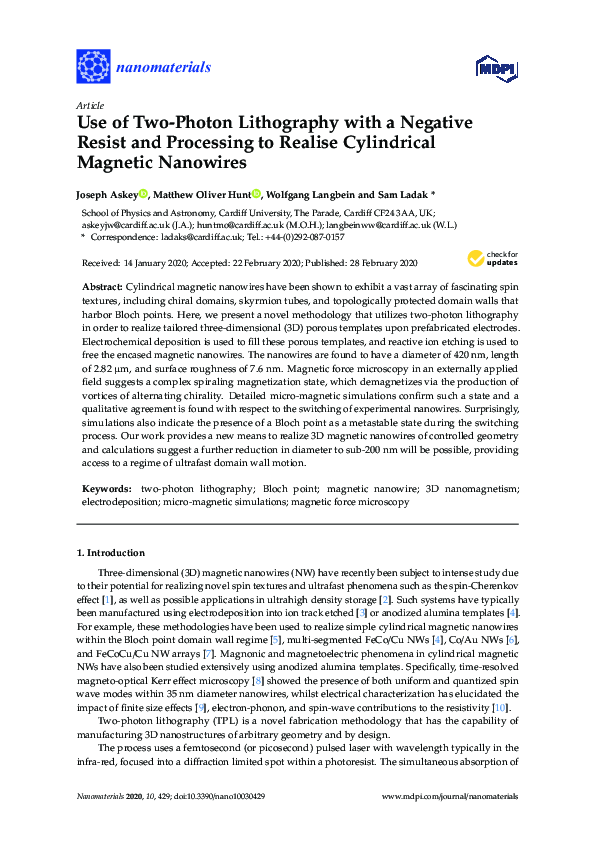 (PDF) Use of Two-Photon Lithography with a Negative Resist and ...