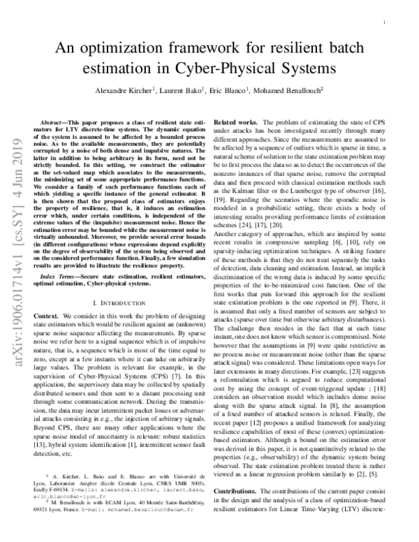 (PDF) An Optimization Framework for Resilient Batch Estimation in Cyber-Physical Systems