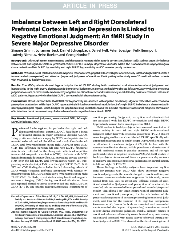 (PDF) Imbalance between Left and Right Dorsolateral Prefrontal Cortex ...