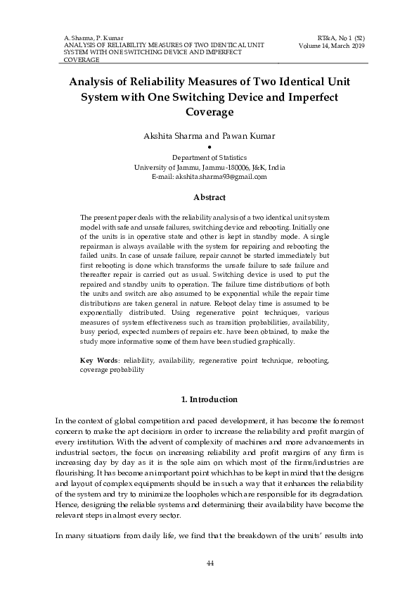 (PDF) Analysis of Reliability Measures of Two Identical Unit System with One Switching Device ...