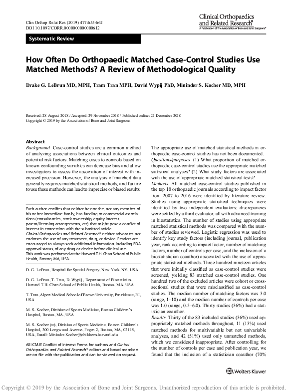 (PDF) How Often Do Orthopaedic Matched Case-Control Studies Use Matched ...
