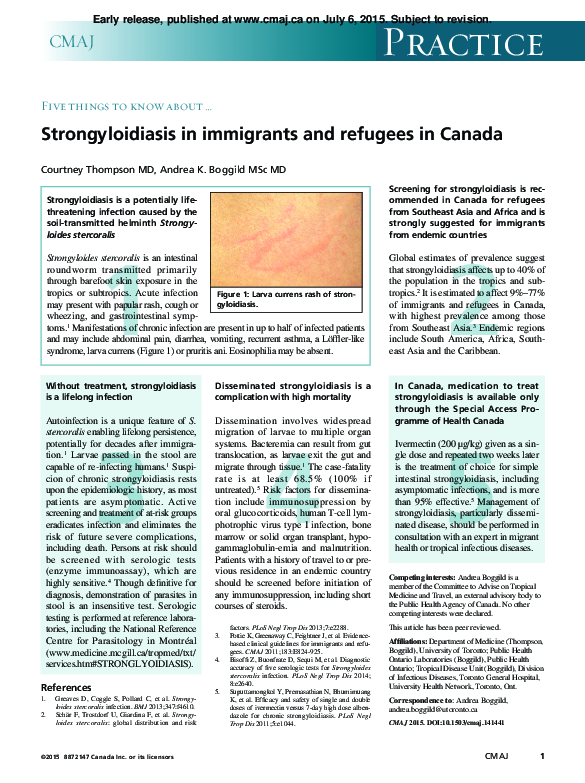 (PDF) Strongyloidiasis in immigrants and refugees in Canada