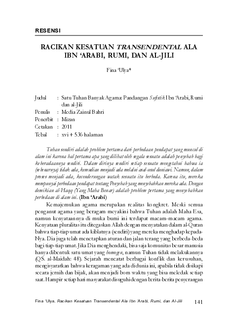 (PDF) Racikan Kesatuan Transendental Ala Ibn ‘Arabi, Rumi, Dan Al-Jili