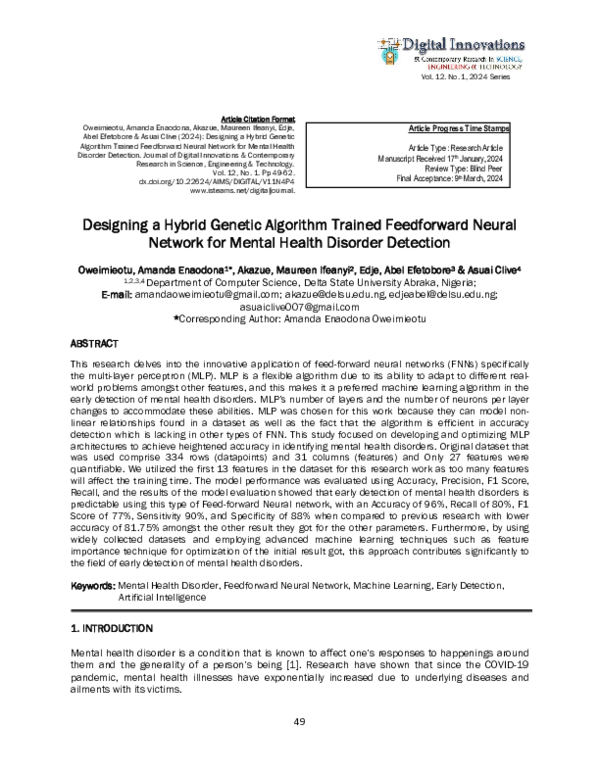 (PDF) Designing a Hybrid Genetic Algorithm Trained Feedforward Neural Network for Mental Health ...