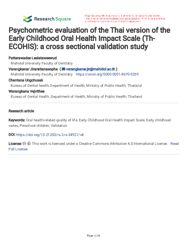 (PDF) Psychometric evaluation of the Thai version of the Early ...