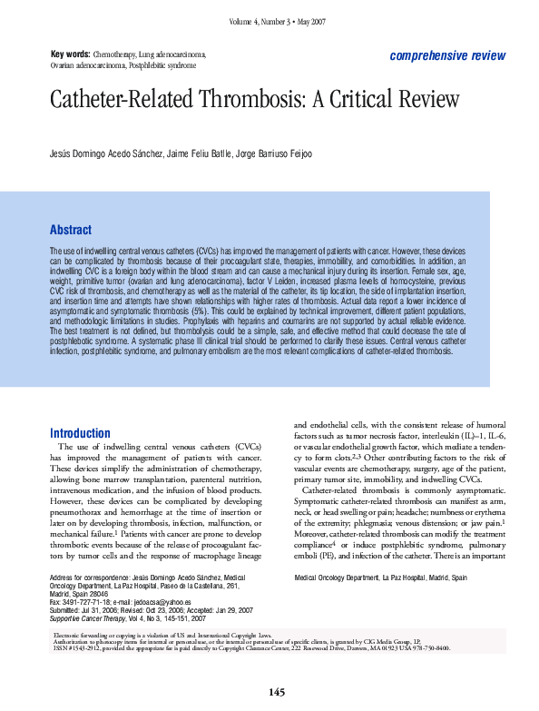 (PDF) Catheter-Related Thrombosis: A Critical Review