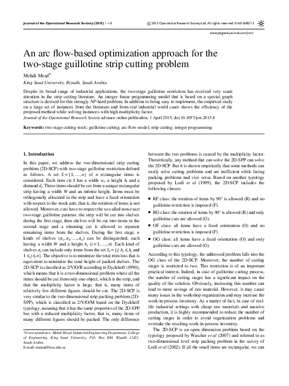 (PDF) An arc flow-based optimization approach for the two-stage guillotine strip cutting problem ...