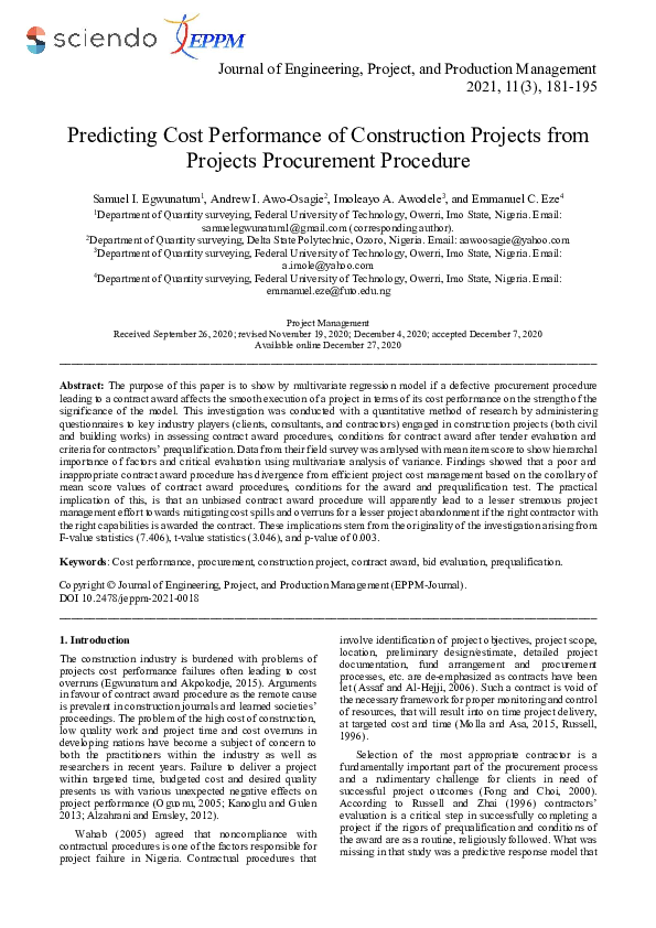 (PDF) Predicting Cost Performance of Construction Projects from Projects Procurement Procedure ...
