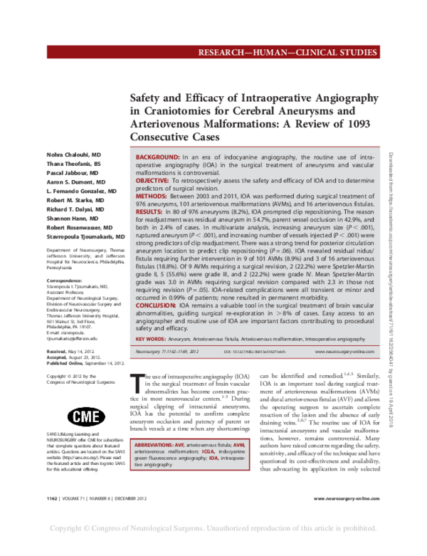(PDF) Safety and Efficacy of Intraoperative Angiography in Craniotomies ...