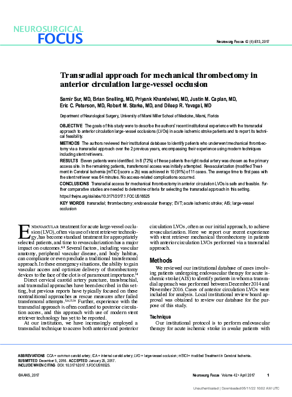 (PDF) Transradial approach for mechanical thrombectomy in anterior ...