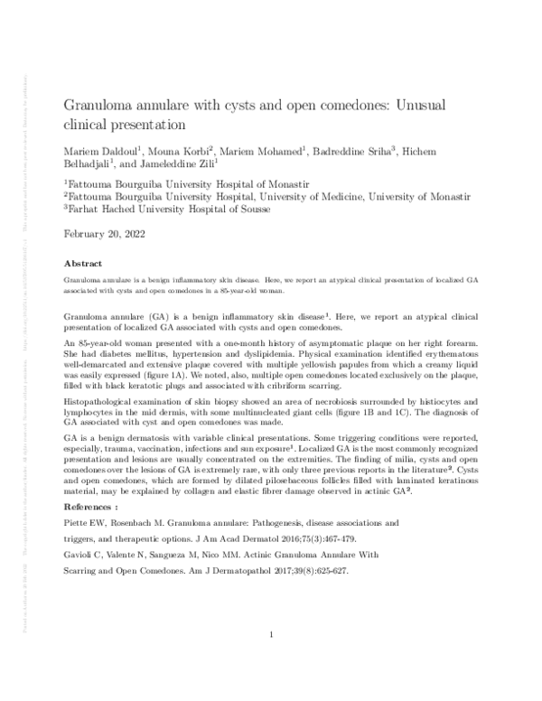 (PDF) Granuloma annulare with cysts and open comedones: Unusual ...