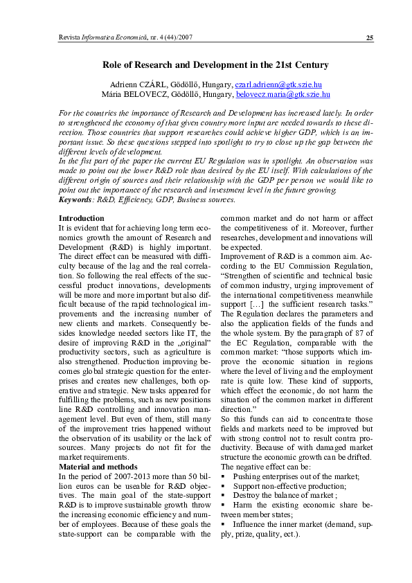 (PDF) Role of Research and Development in the 21st Century