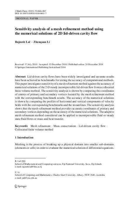Pdf Sensitivity Analysis Of A Mesh Refinement Method Using The Numerical Solutions Of 2d Lid
