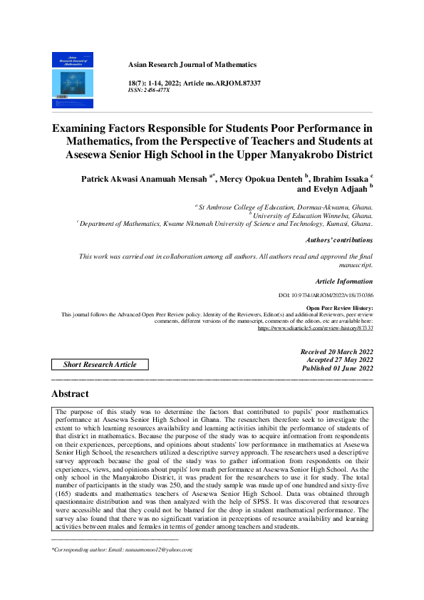 (PDF) Examining Factors Responsible for Students Poor Performance in ...