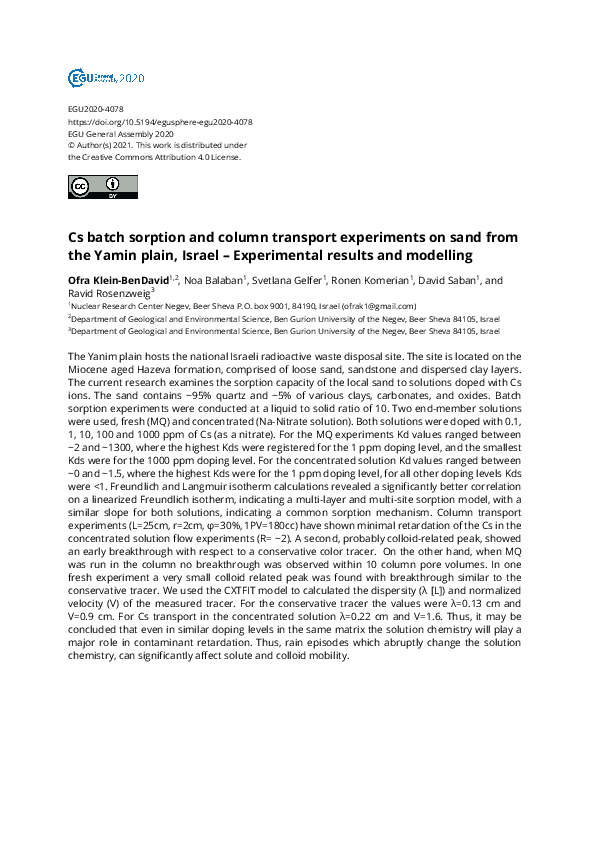 (PDF) Cs batch sorption and column transport experiments on sand from ...