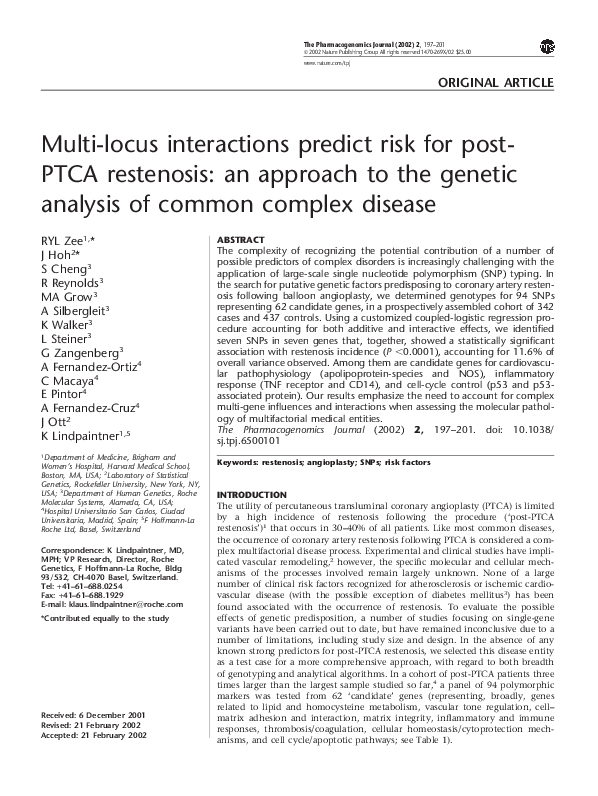 (PDF) Multi-locus interactions predict risk for post-PTCA restenosis ...