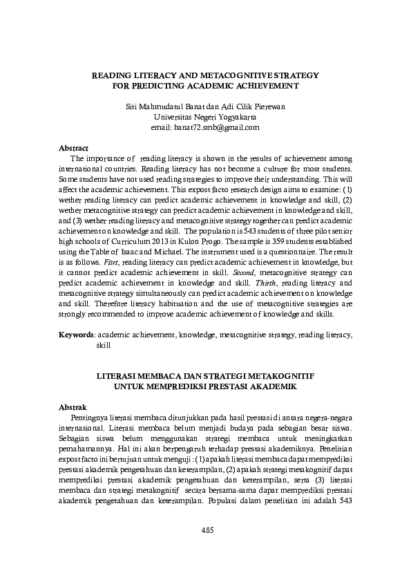 (PDF) Reading Literacy and Metacognitive Strategy for Predicting Academic Achievement