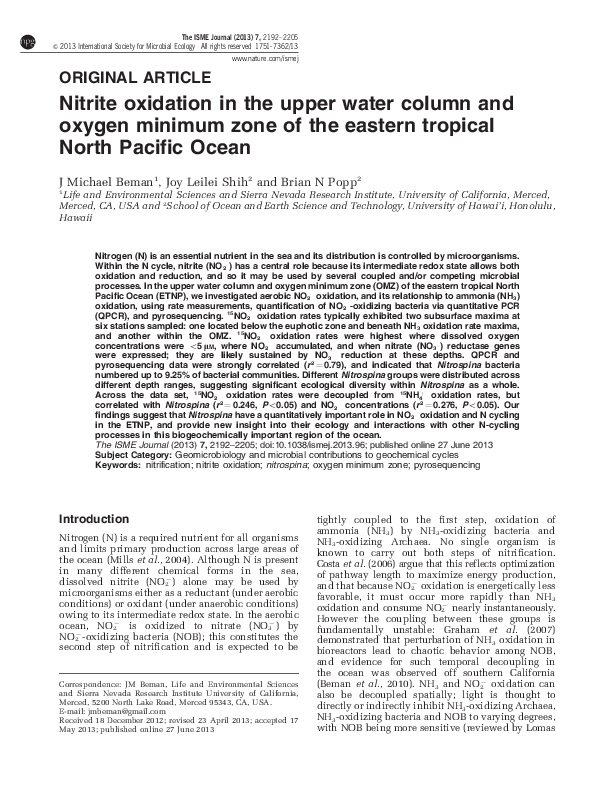 (PDF) Nitrite oxidation in the upper water column and oxygen minimum ...