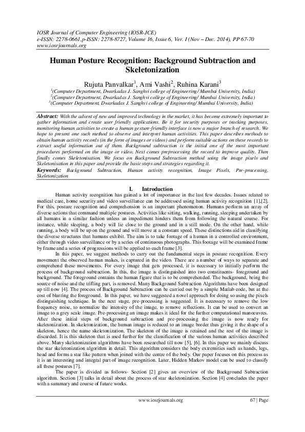 Pdf Human Posture Recognition Background Subtraction And Skeletonization
