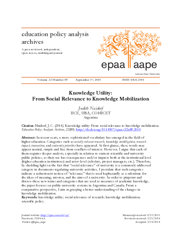 (PDF) Knowledge Utility: From Social Relevance to Knowledge Mobilization