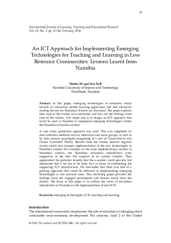 (PDF) An ICT Approach for Implementing Emerging Technologies for Teaching and Learning in Low ...