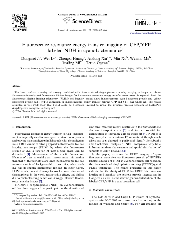 (PDF) Fluorescence resonance energy transfer imaging of CFP/YFP labeled ...