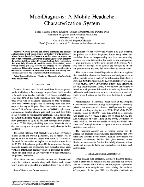 (PDF) MobiDiagnosis: A mobile headache characterization system