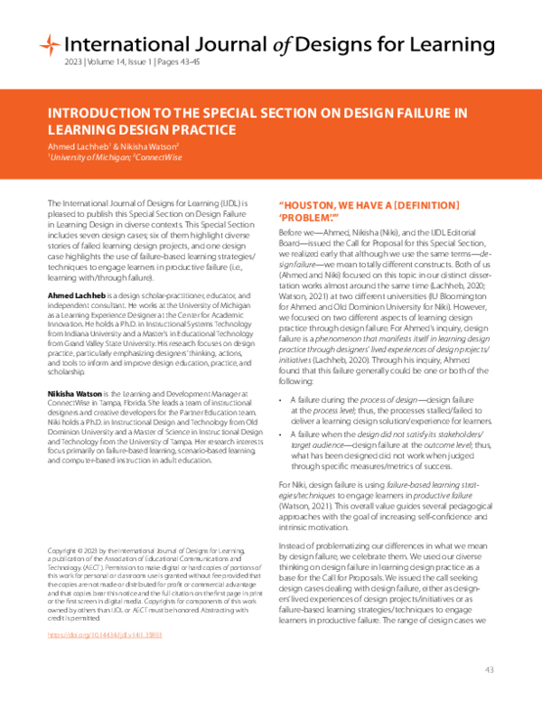(PDF) Introduction to the Special Section on Design Failure In Learning ...