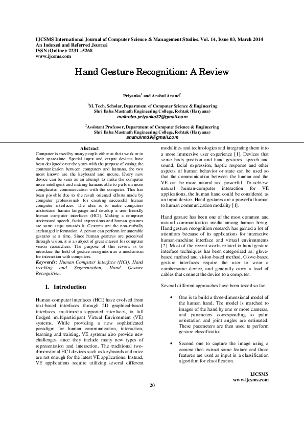(PDF) Hand Gesture Recognition : A Review