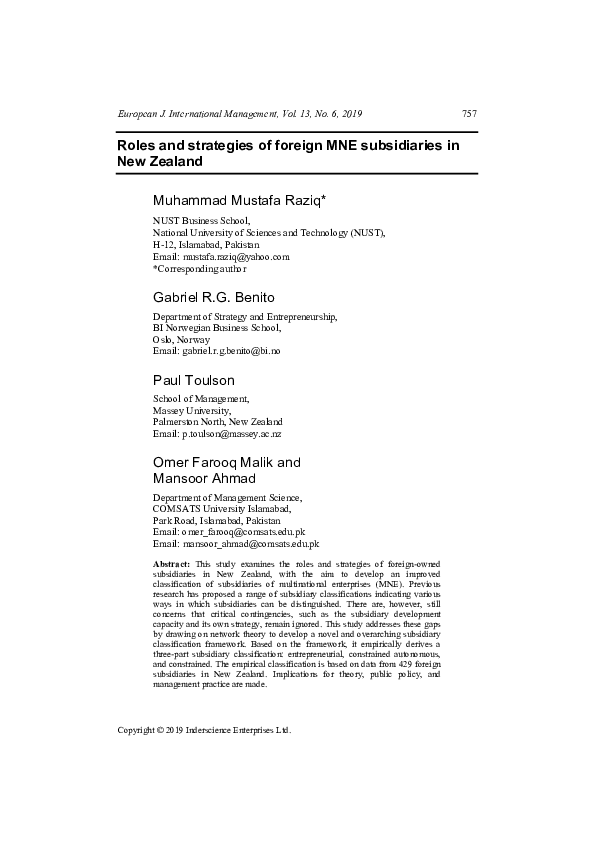 (PDF) Roles and strategies of foreign MNE subsidiaries in New Zealand