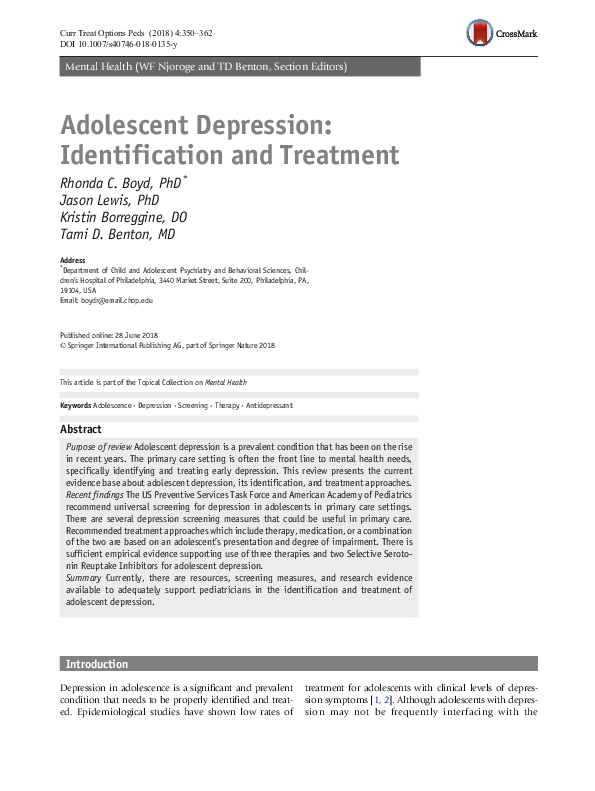 (PDF) Adolescent Depression: Identification and Treatment